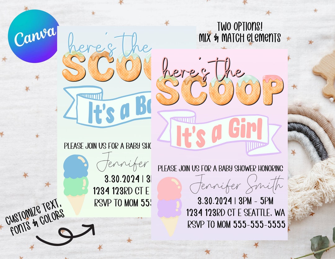 Editable Here's the Scoop Baby Shower Invitation Template Digital ...