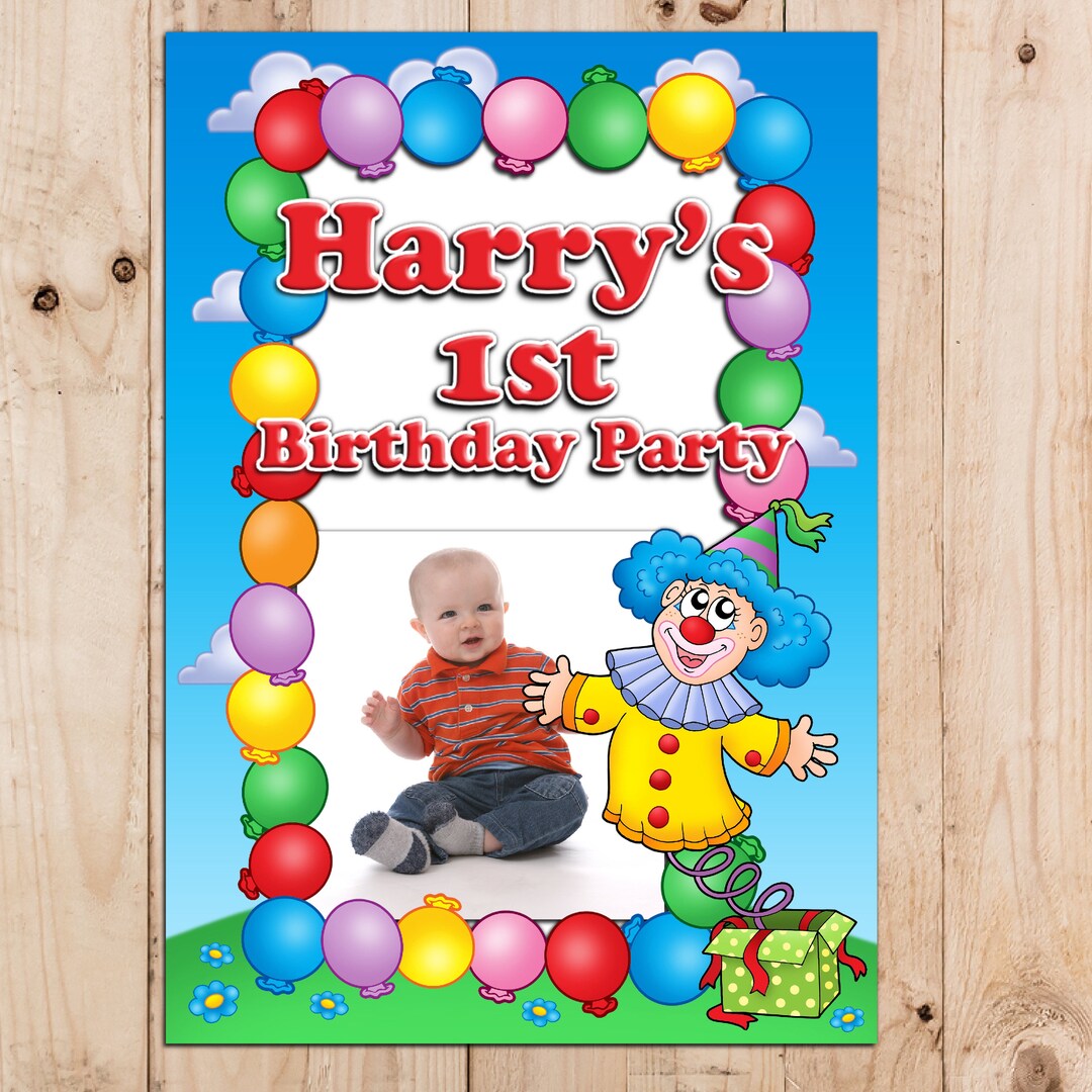 Personalised Happy Birthday Banner Boys Girls Clown & Balloons Poster ...