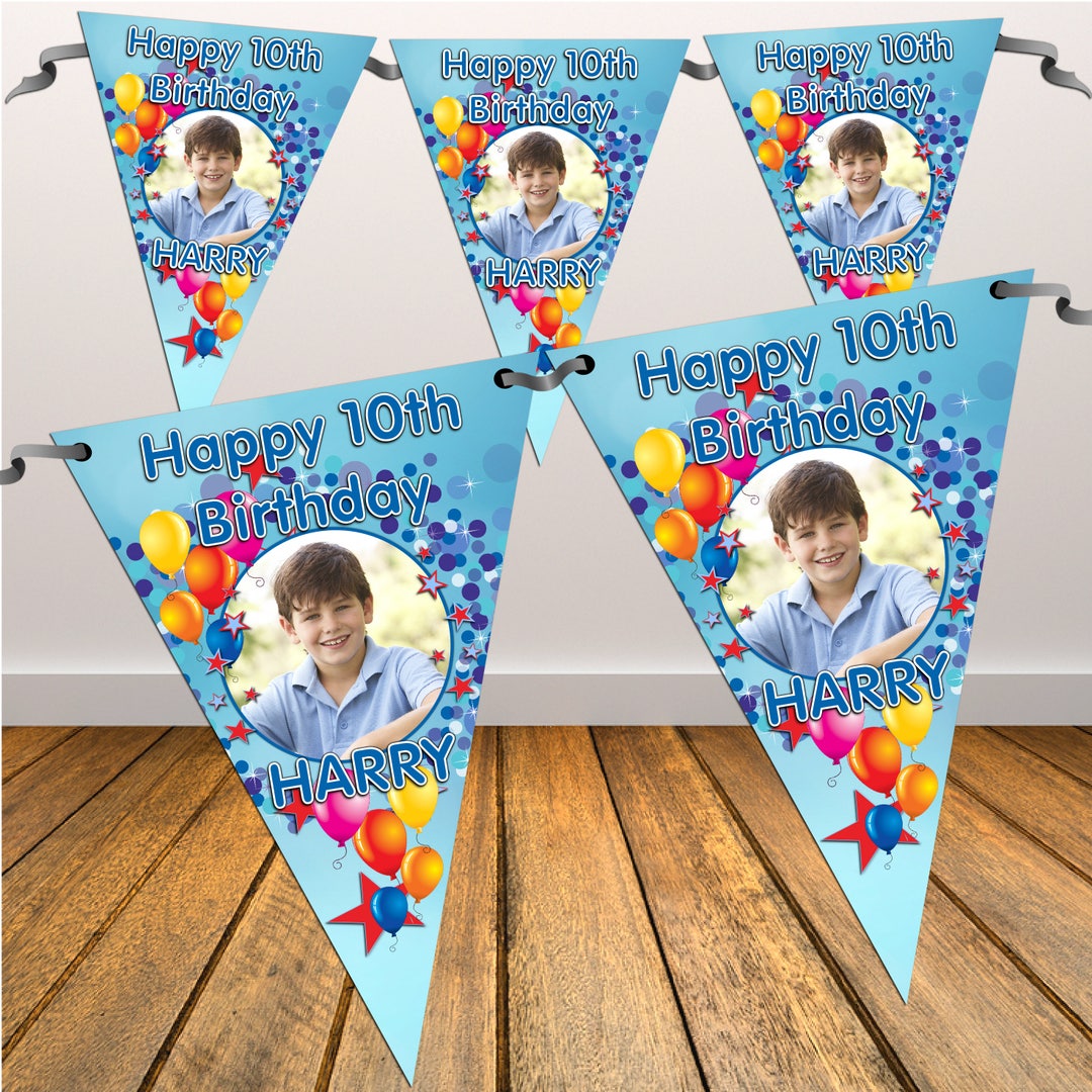 Personalised Boys Happy Birthday PHOTO Flag Banner Bunting With Ribbon ...