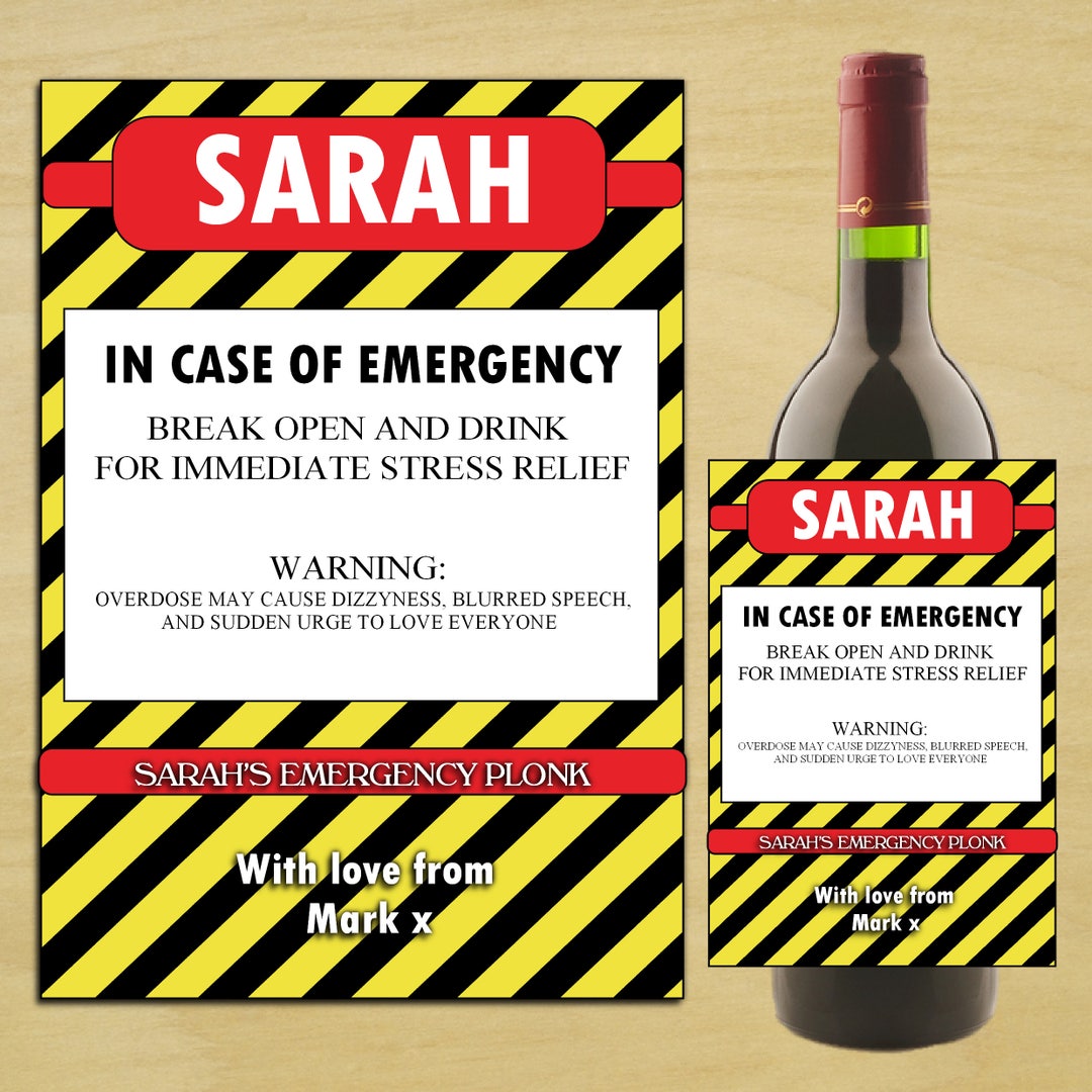 Personalised EMERGENCY Wine / Champagne / Prosecco Bottle Sticker Label ...