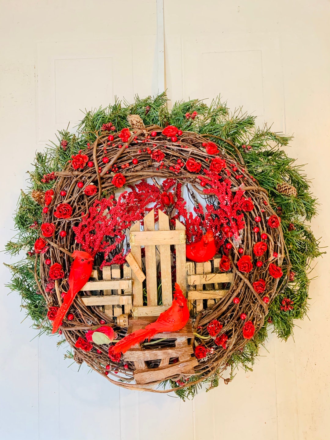 24 Signature Red Cardinals Roses & Red Berries Wooden Fence Gate and ...