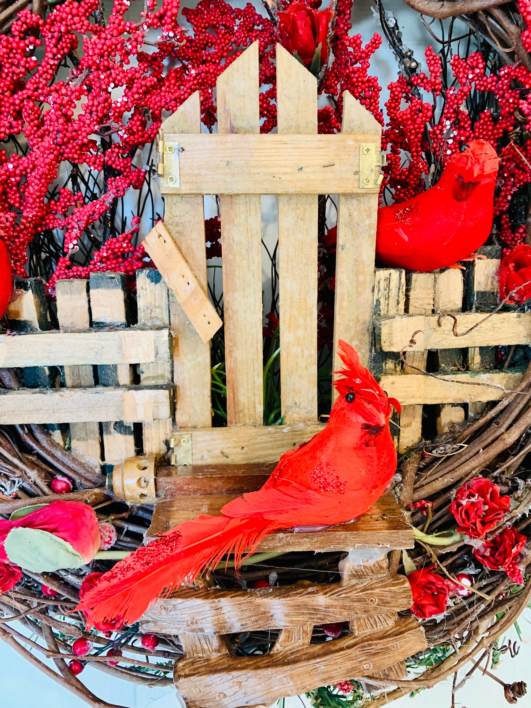 24 Signature Red Cardinals Roses & Red Berries Wooden Fence Gate and ...