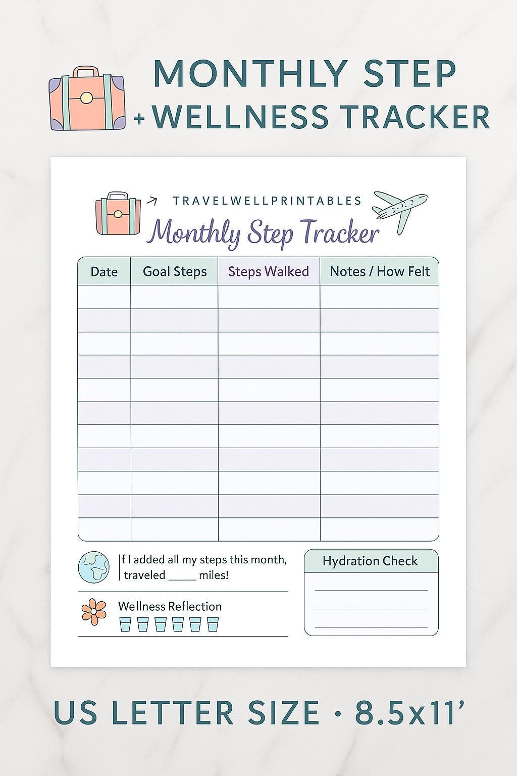 Monthly Step Tracker Printable | Wellness Walking Log | US Letter + A4 ...