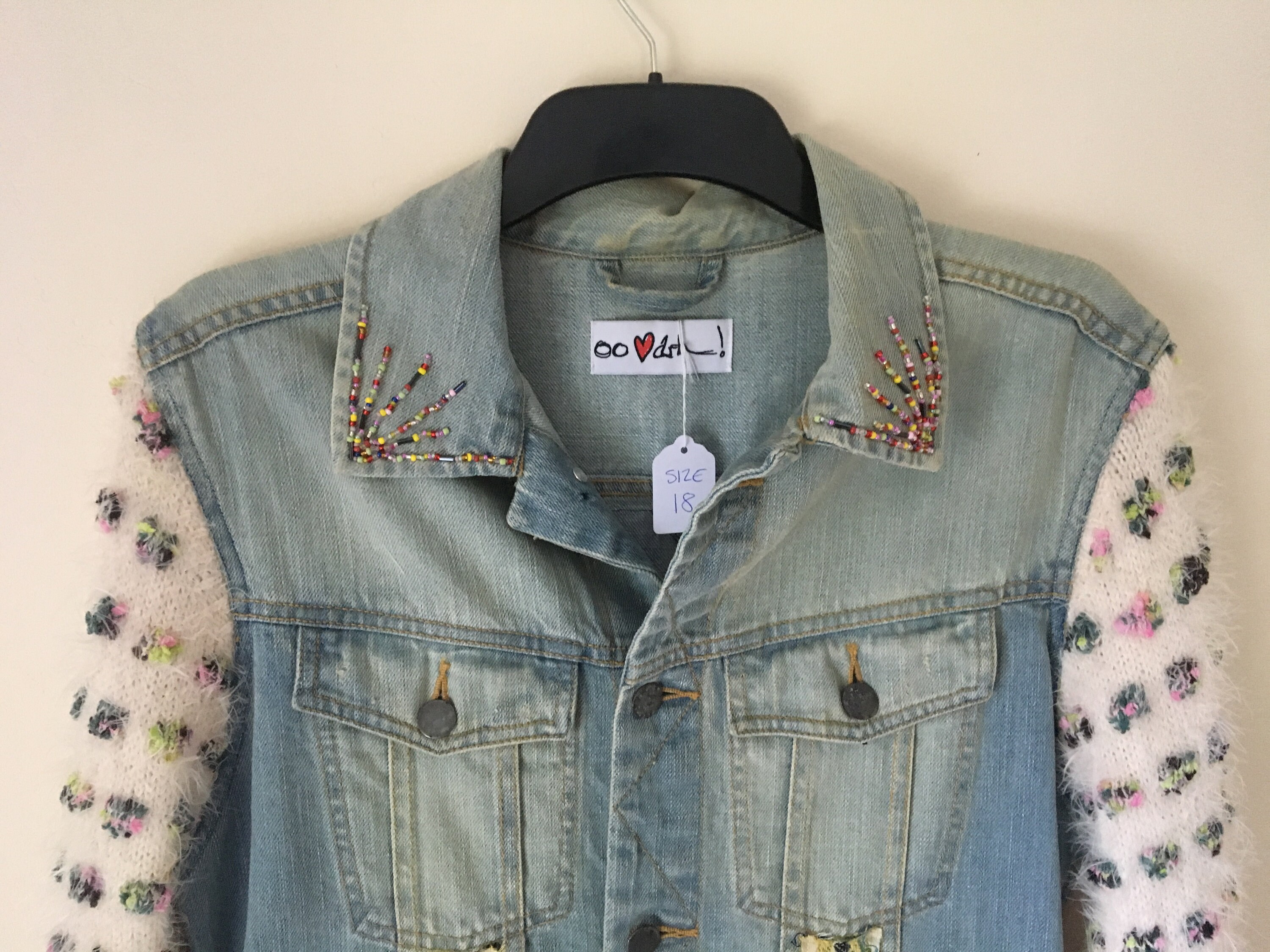 Unique Upcycled Funky Light Denim Jacket With Cream and Green - Etsy UK