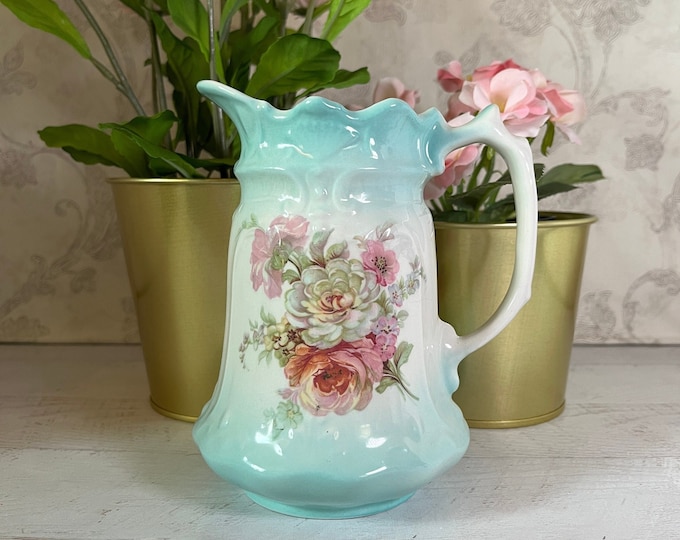Old Foley Harmony Rose Pitcher 22 Oz, Pink and White Roses on Aqua ...