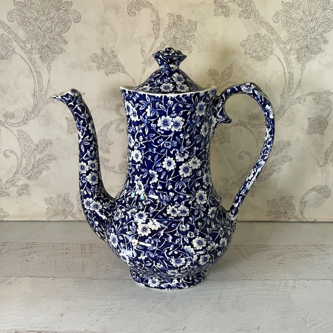 Blue Calico Coffee Pot With Lid, Crownford China Staffordshire, Made in ...