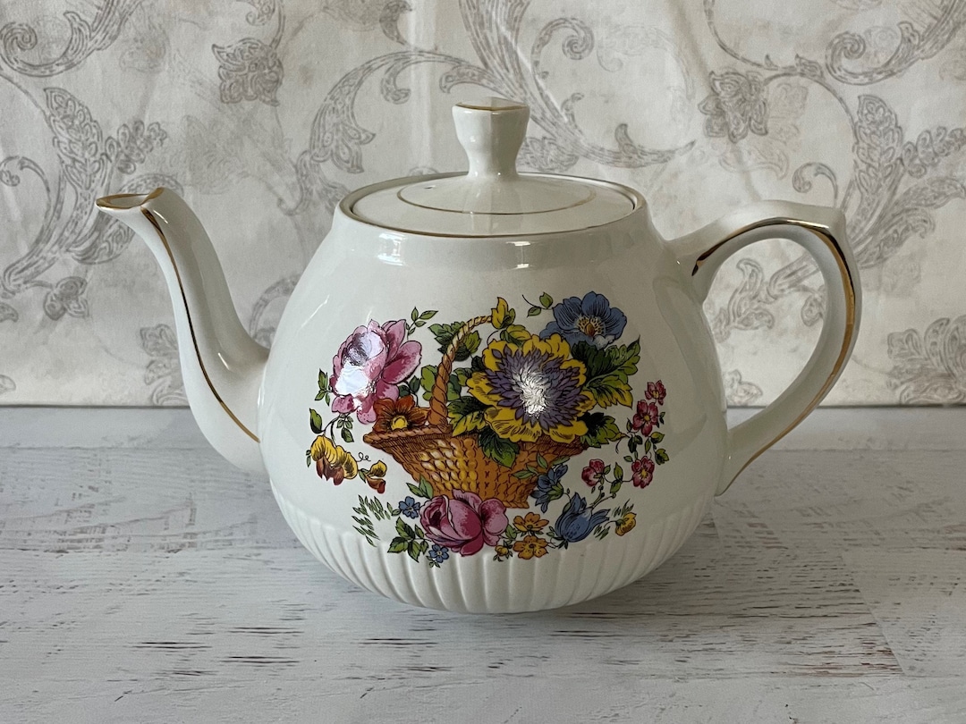 Vintage Ellgreave Pottery Teapot: Floral English Ironstone, Gold Trim ...