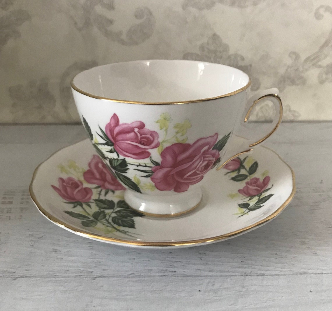 Vintage English Tea Cup and Saucer Pink Roses Royal Osborne | Etsy