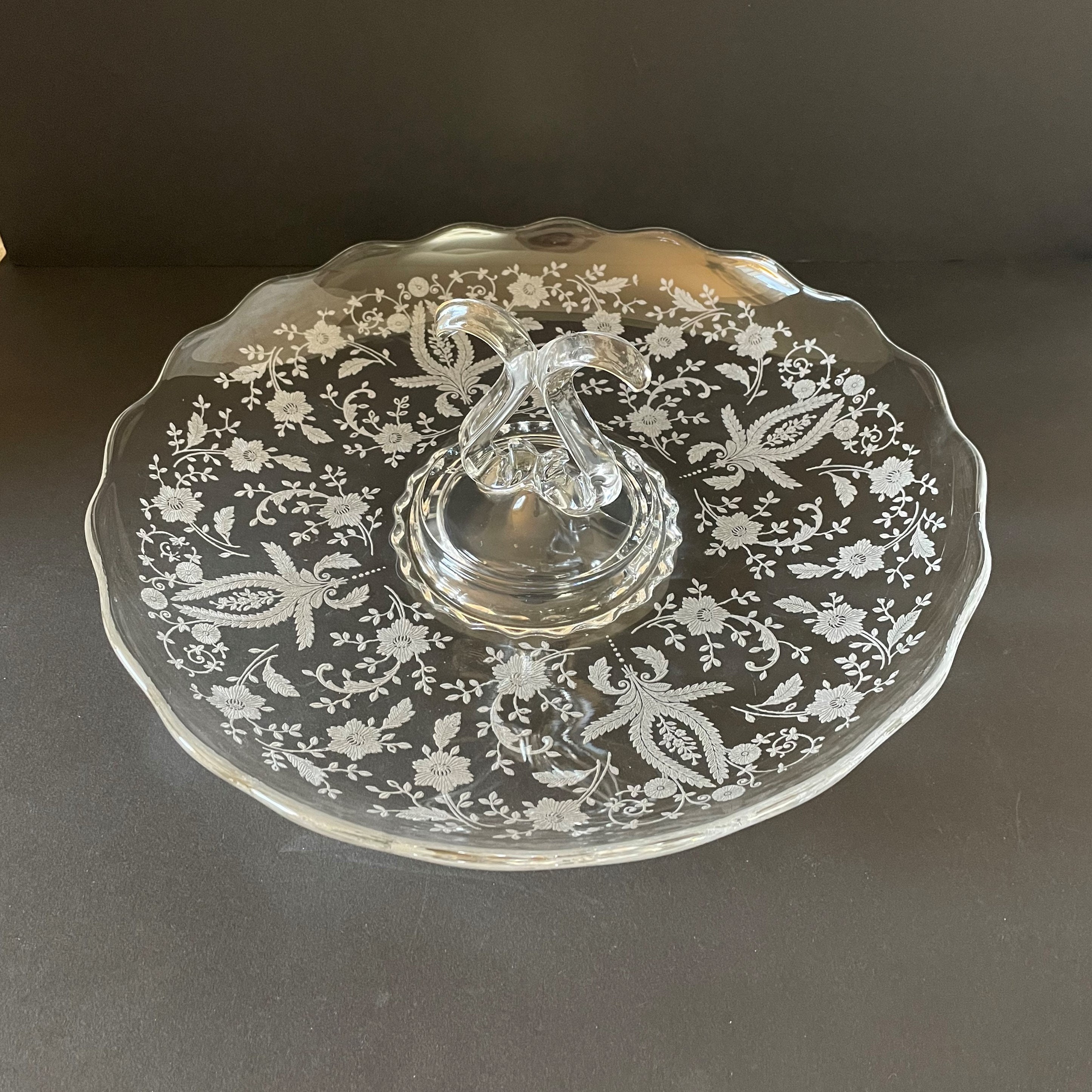 Vintage Etched Glass Center Handle Serving Tray Prelude | Etsy