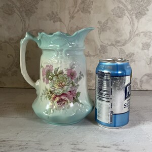 Old Foley Harmony Rose Pitcher 32 Oz, Pink and White Roses on Aqua ...