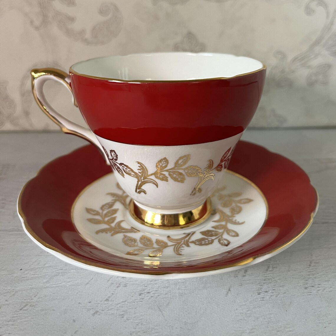 Vintage Sutherland Bone China Tea Cup Set: Red Band Gold Leaves, Made ...