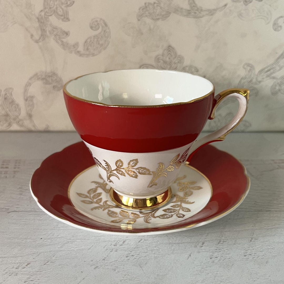Vintage Sutherland Bone China Tea Cup Set: Red Band Gold Leaves, Made ...