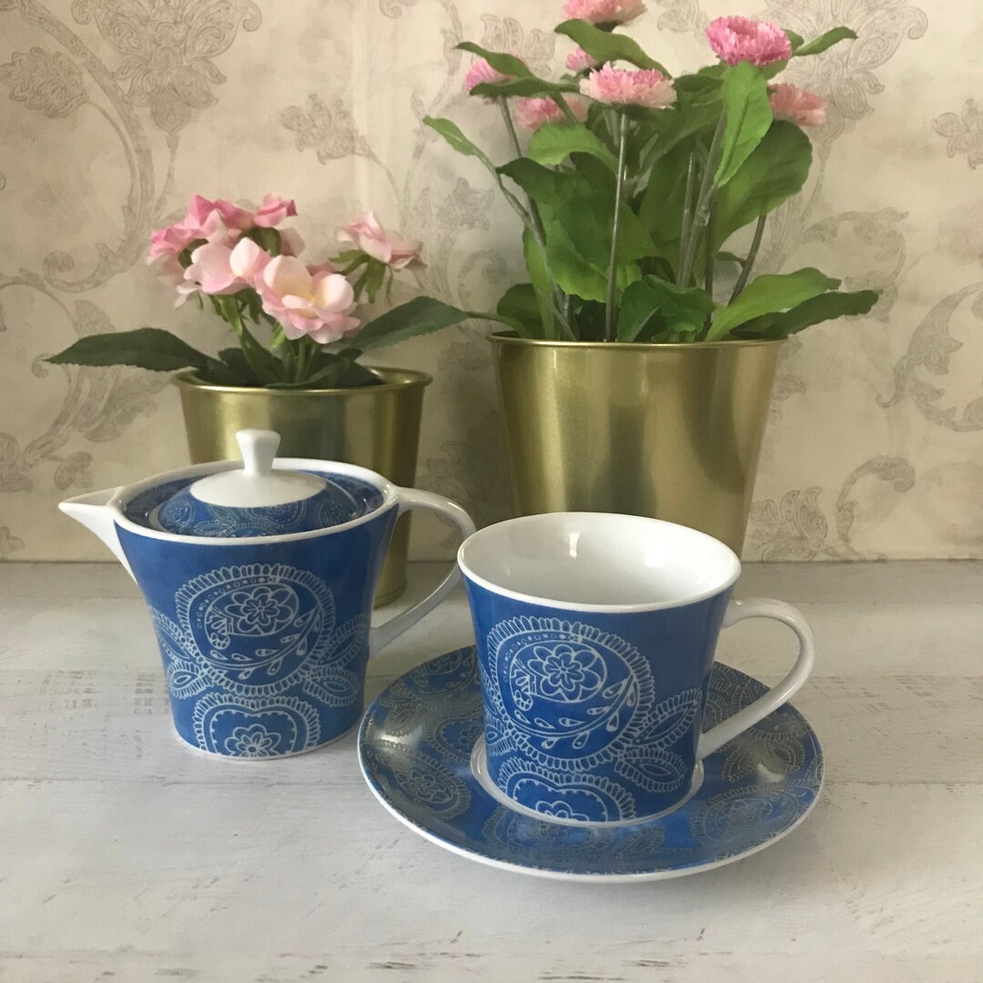 Vintage Personal Teapot and Tea Cup Set From Multiplechoice, Blue and ...