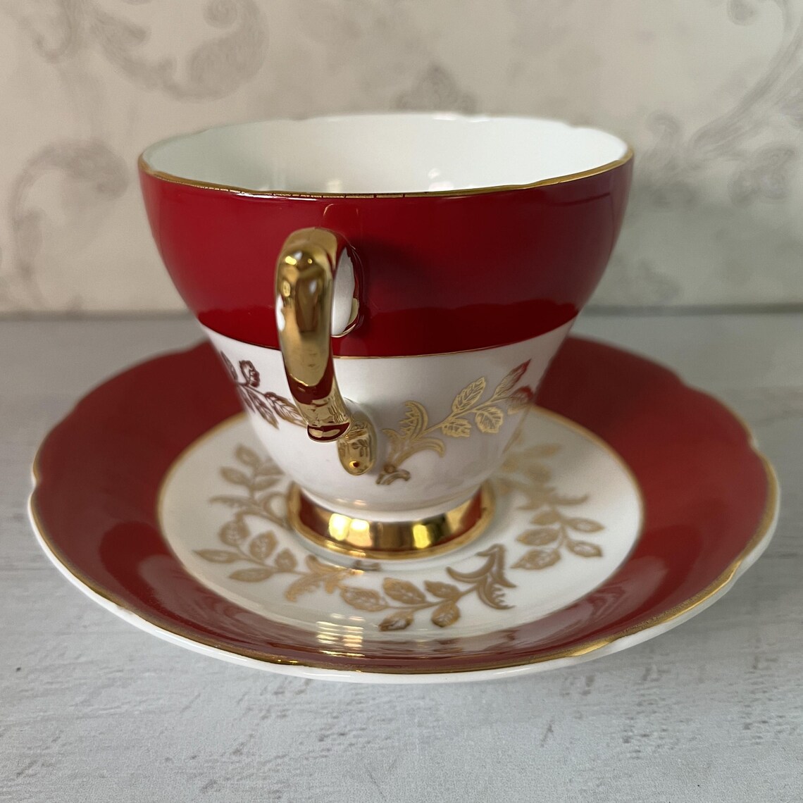 Vintage Sutherland Bone China Tea Cup Set: Red Band Gold Leaves, Made ...