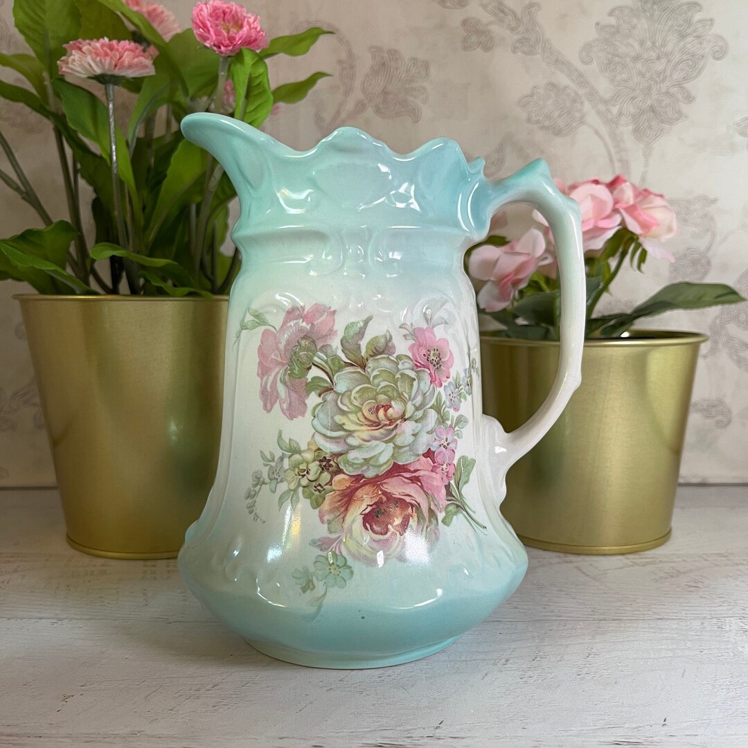 Old Foley Harmony Rose Pitcher 32 Oz, Pink and White Roses on Aqua ...