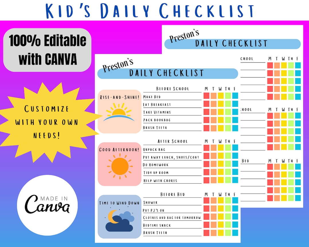 KIDS DAILY CHECKLIST! Editable Chore Chart/ Kids Tasks/ Kids Chores ...