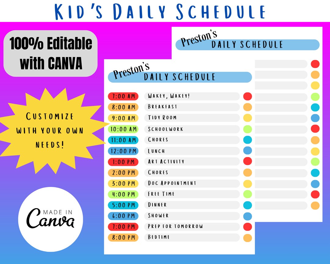 KIDS DAILY SCHEDULE! Editable Schedule Chart/ Kids Planner/ Kids ...
