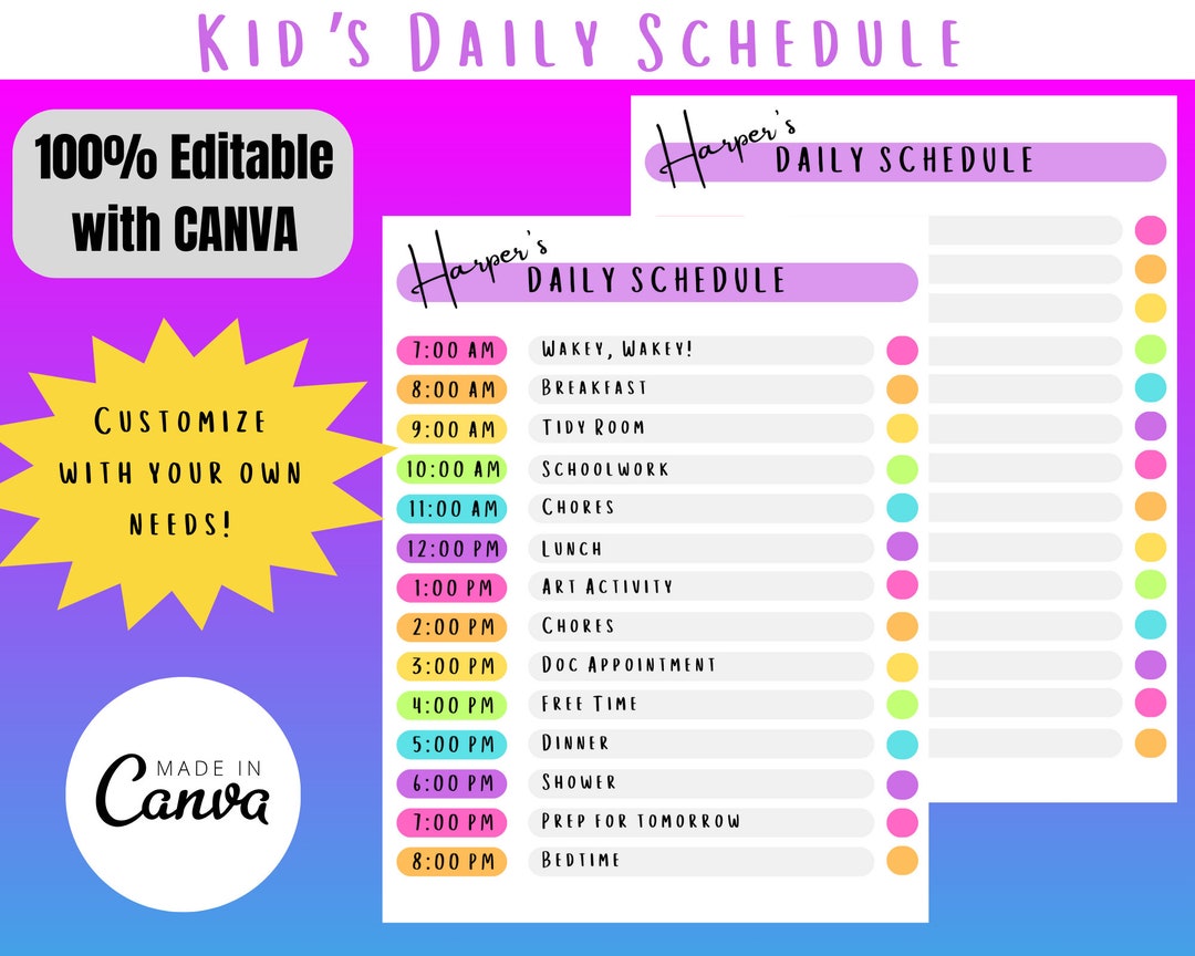 KIDS DAILY SCHEDULE! Editable Schedule Chart/ Kids Planner/ Kids ...