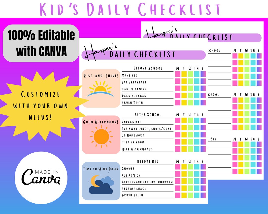 KIDS DAILY CHECKLIST! Editable Chore Chart/ Kids Tasks/ Kids Chores ...