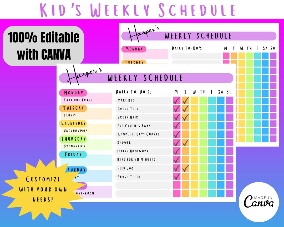 KIDS WEEKLY SCHEDULE! Editable Schedule Chart/ Kids Planner/ Kids ...