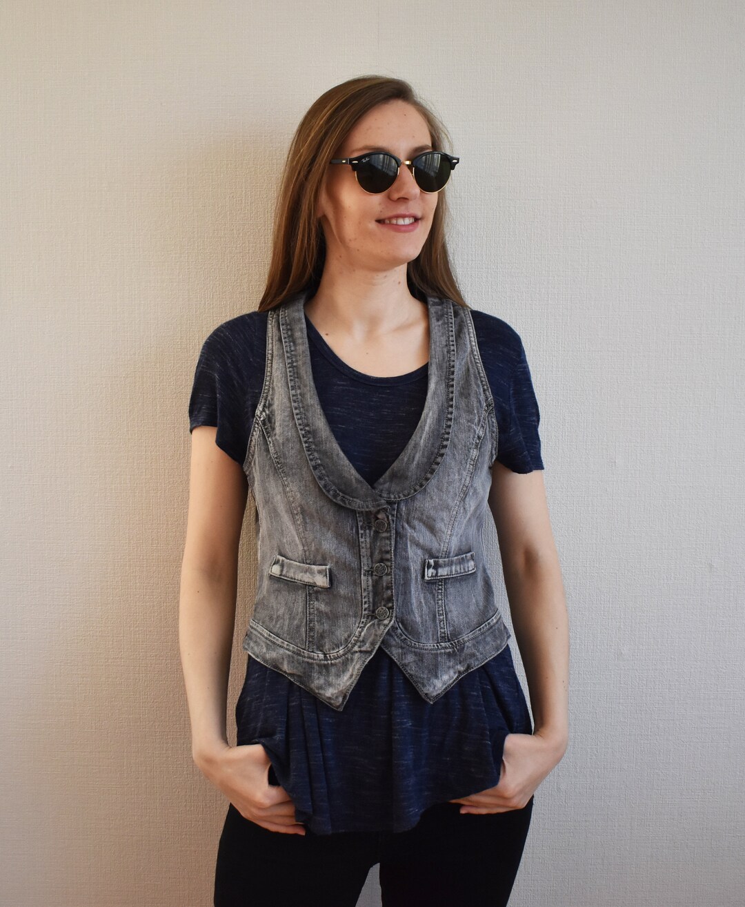 Vintage Denim Vest Gray Jeans Crop Vest Vintage Dyed Denim Vest Vestern ...