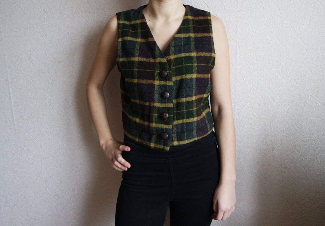 Vintage Checkered Vest Green Yellow Blue Vest Classic Vest - Etsy