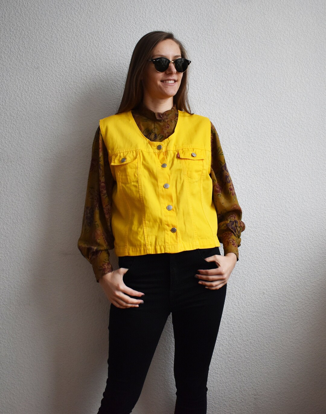 Vintage Yellow Denim Vest Jeans Jacket Vintage Denim Sleeveless Vest ...