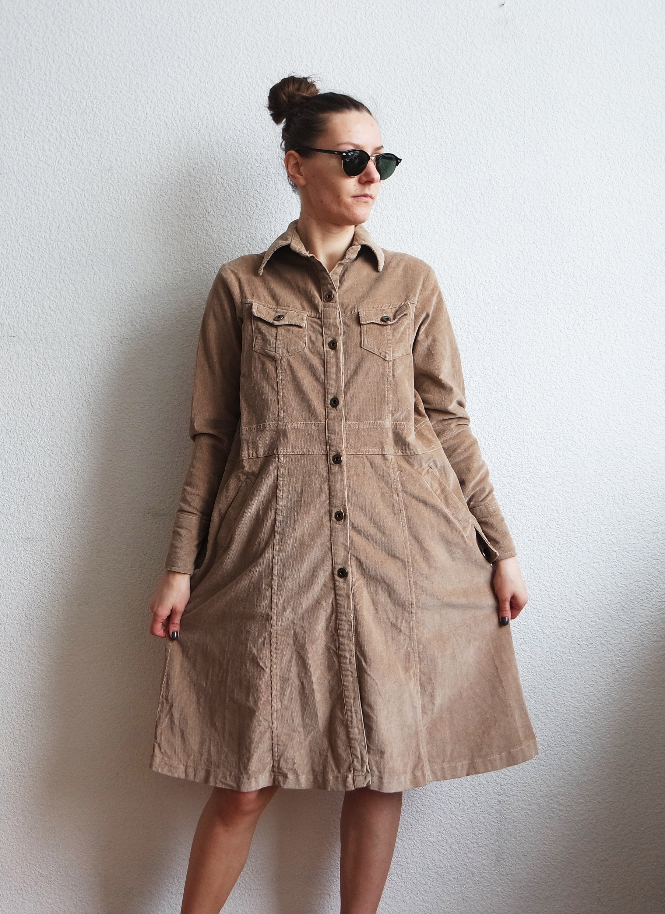 Vintage Corduroy Coat / Beige Velvet Trench Coat / Corduroy Shirt Dress ...