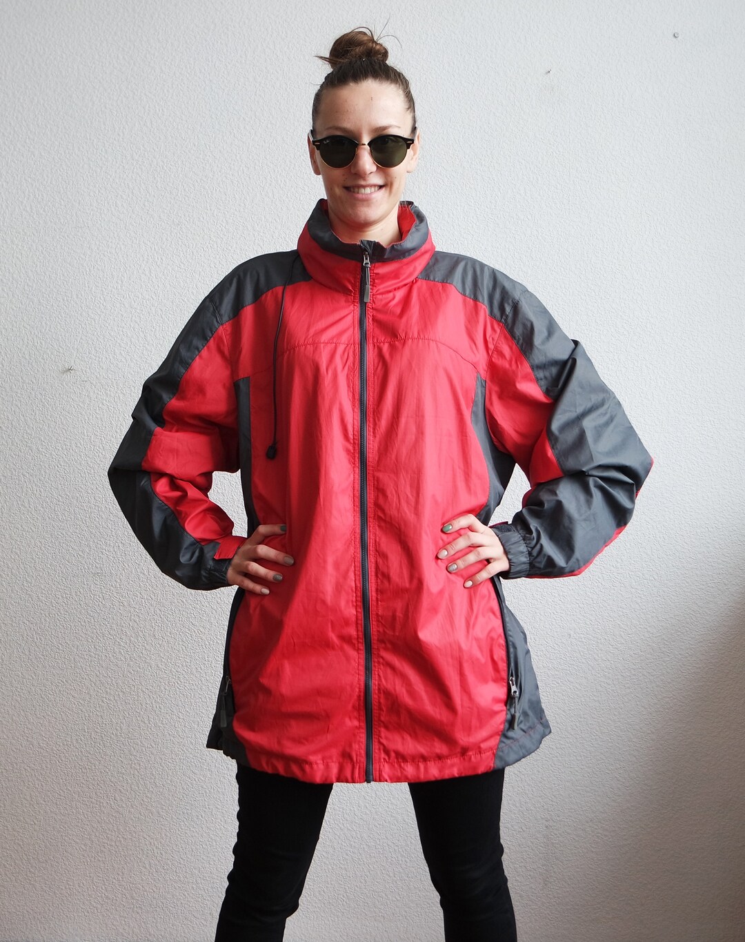 Vintage Windbreaker Jacket, Red and Gray Retro Activewear, Hipster ...