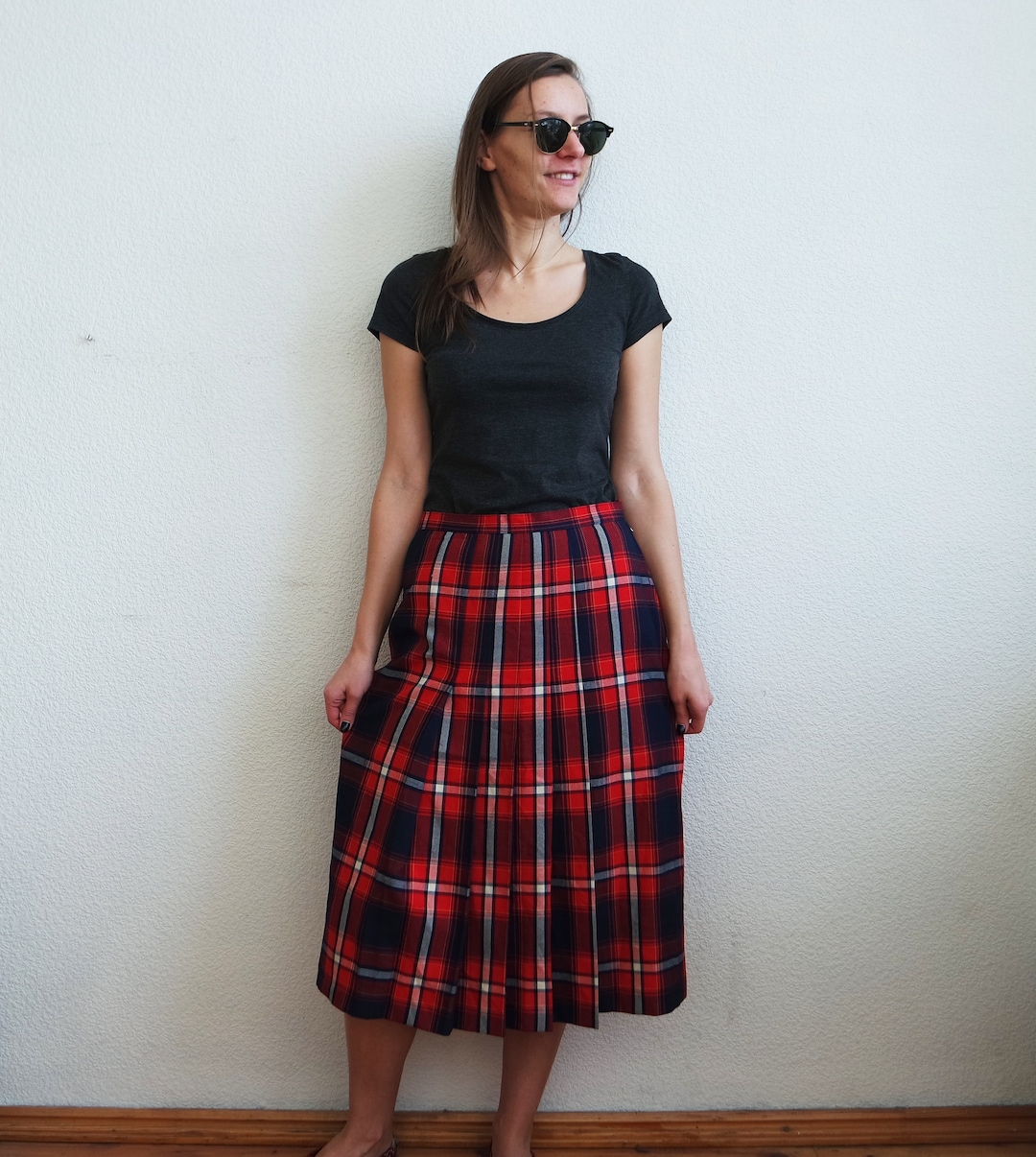 Vintage Checkered Skirt, Plaid Traditional Skirts, Vintage Skirt Red ...