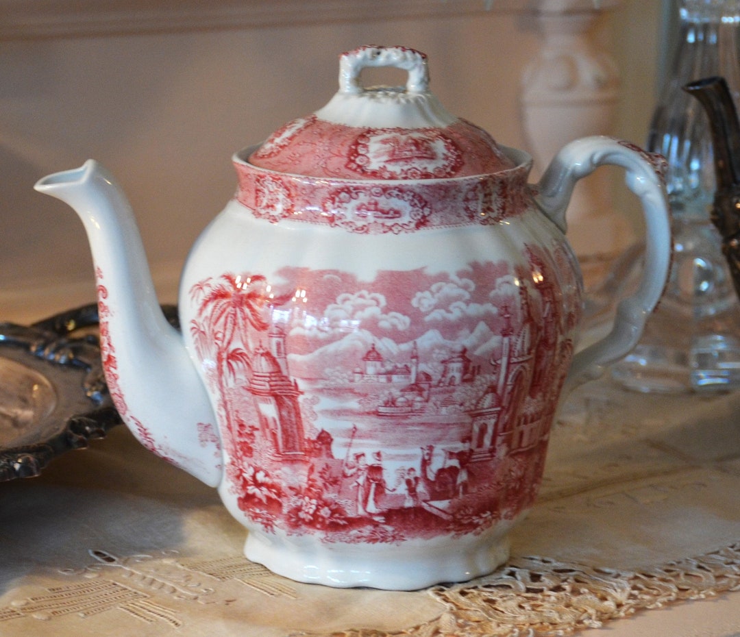 ENGLISH RIDGEWAY Oriental Transferware Teapot is Pinkish Red in Color ...
