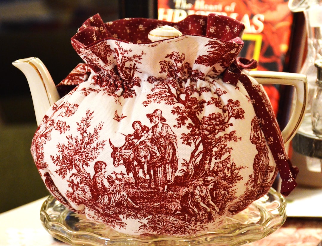 TEA COSY Standard Size Burgundy Red Toile Drop in Snuggie Style Fits a ...