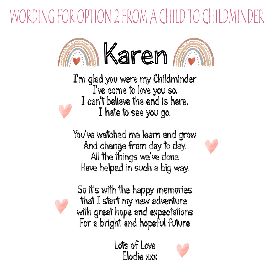 Personalised Childminder Child Thank You Leaving Poem Rainbow | Etsy