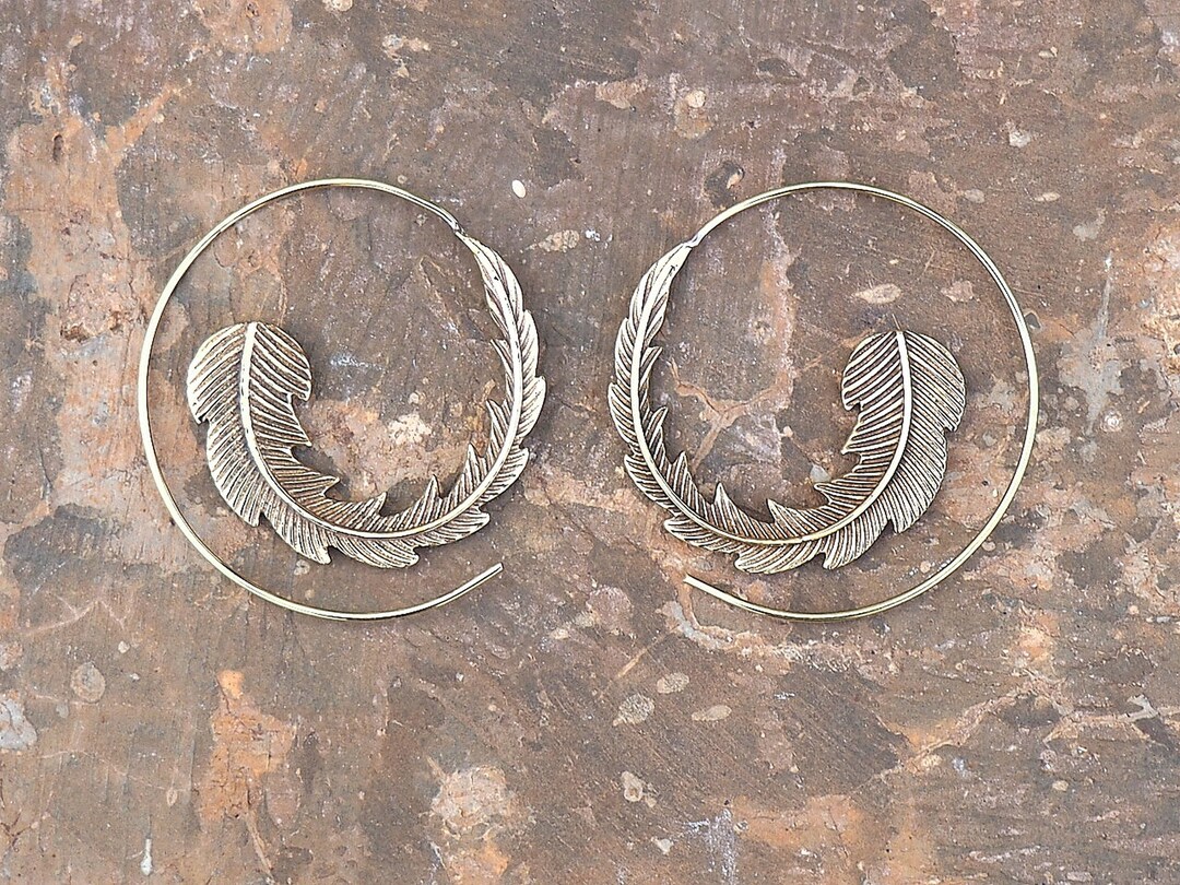 Spiral Brass Hoops - Feather's Shape - Ethnic Design - Light and Easy ...