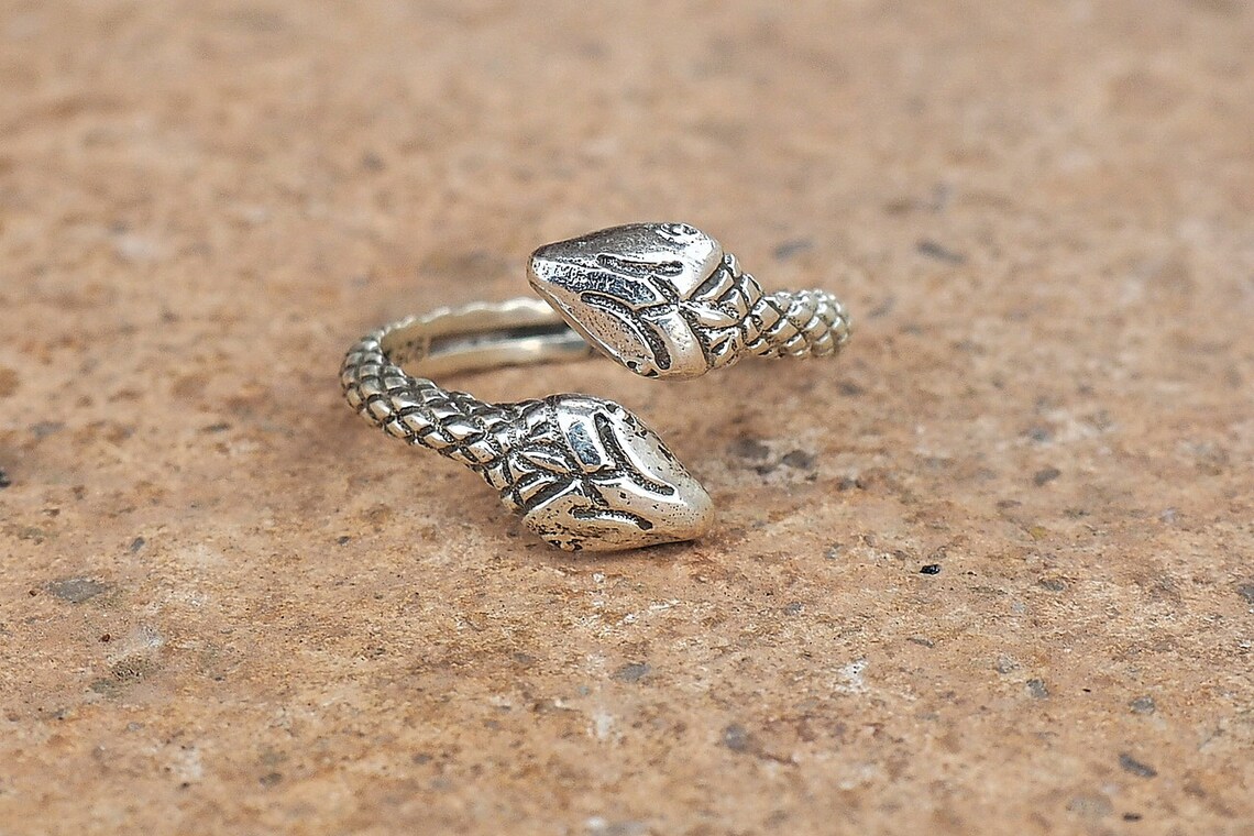 Snake Ring - Sterling Silver - Double Snake Head -unisex - Adjustable ...