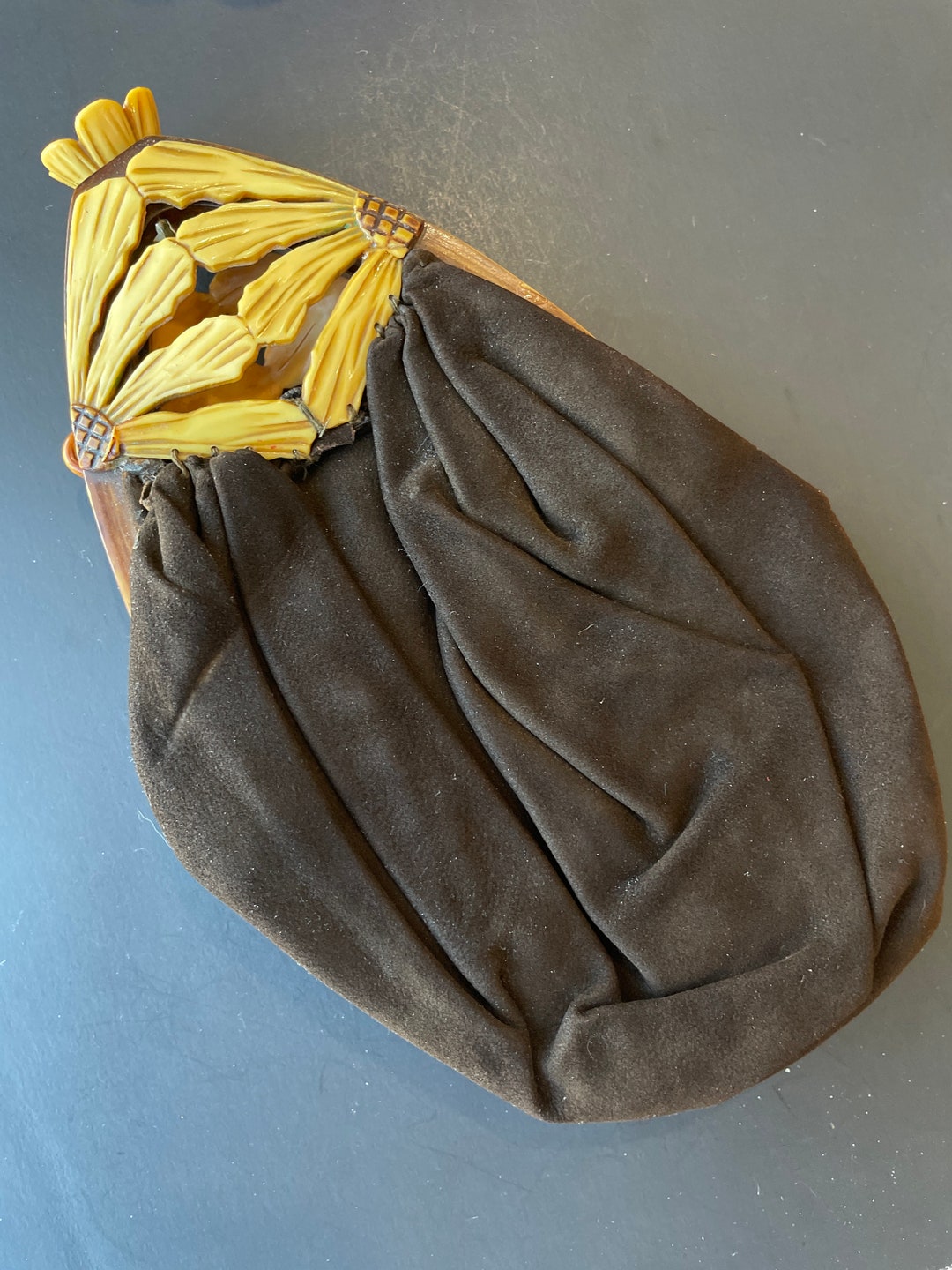 Antique Victorian 1890s Carved Bone Purse Suede Flower Unique Brown ...