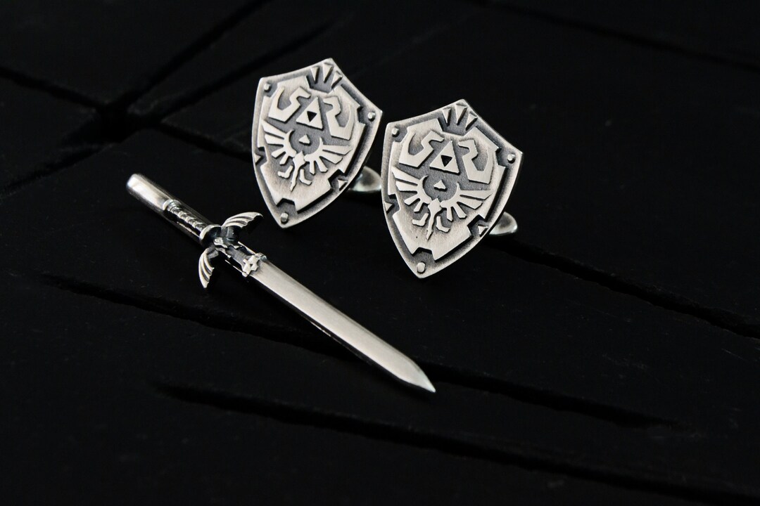 Zelda Cufflinks Tie Clip Set, Hylian Shield Cufflinks Master Sword Tie ...