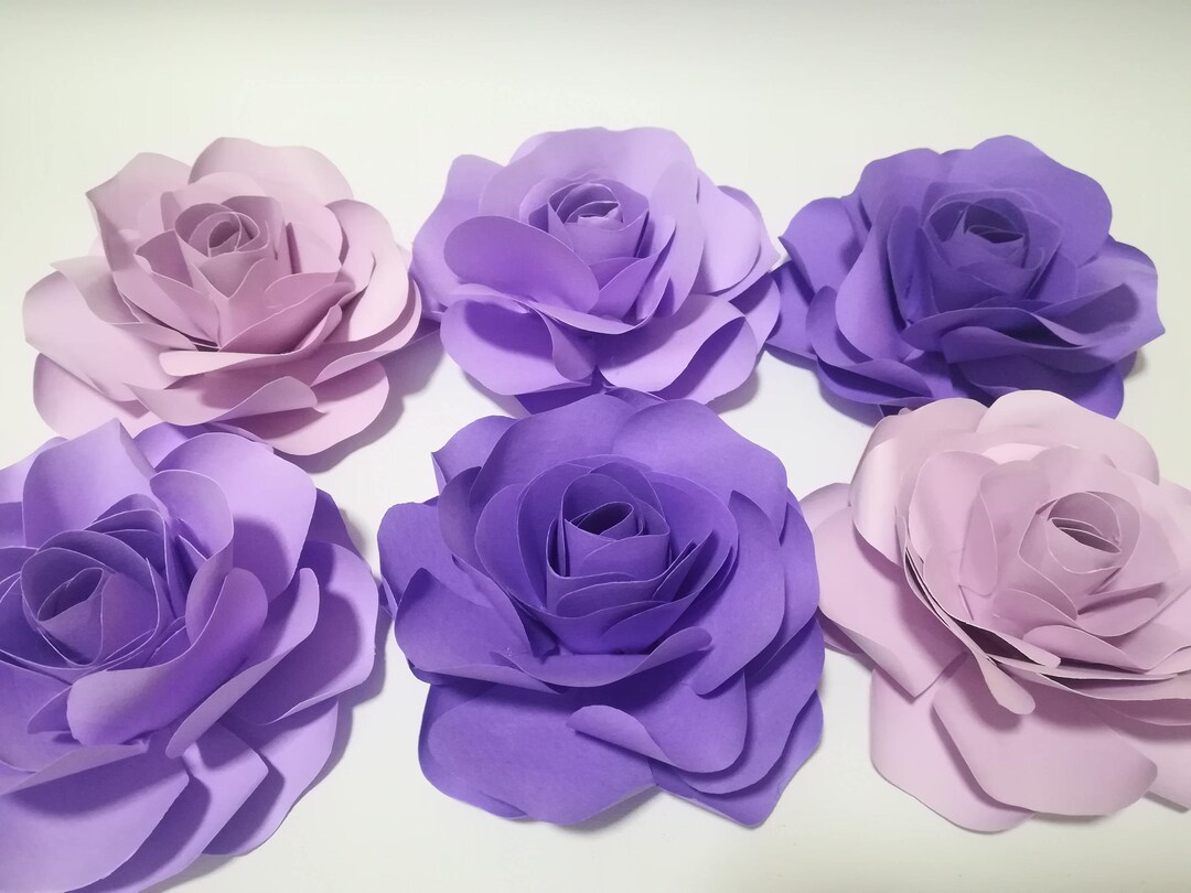 6pc Paper Flowers, Paper Flower Wall Decor, Purple Paper Roses, Wall ...