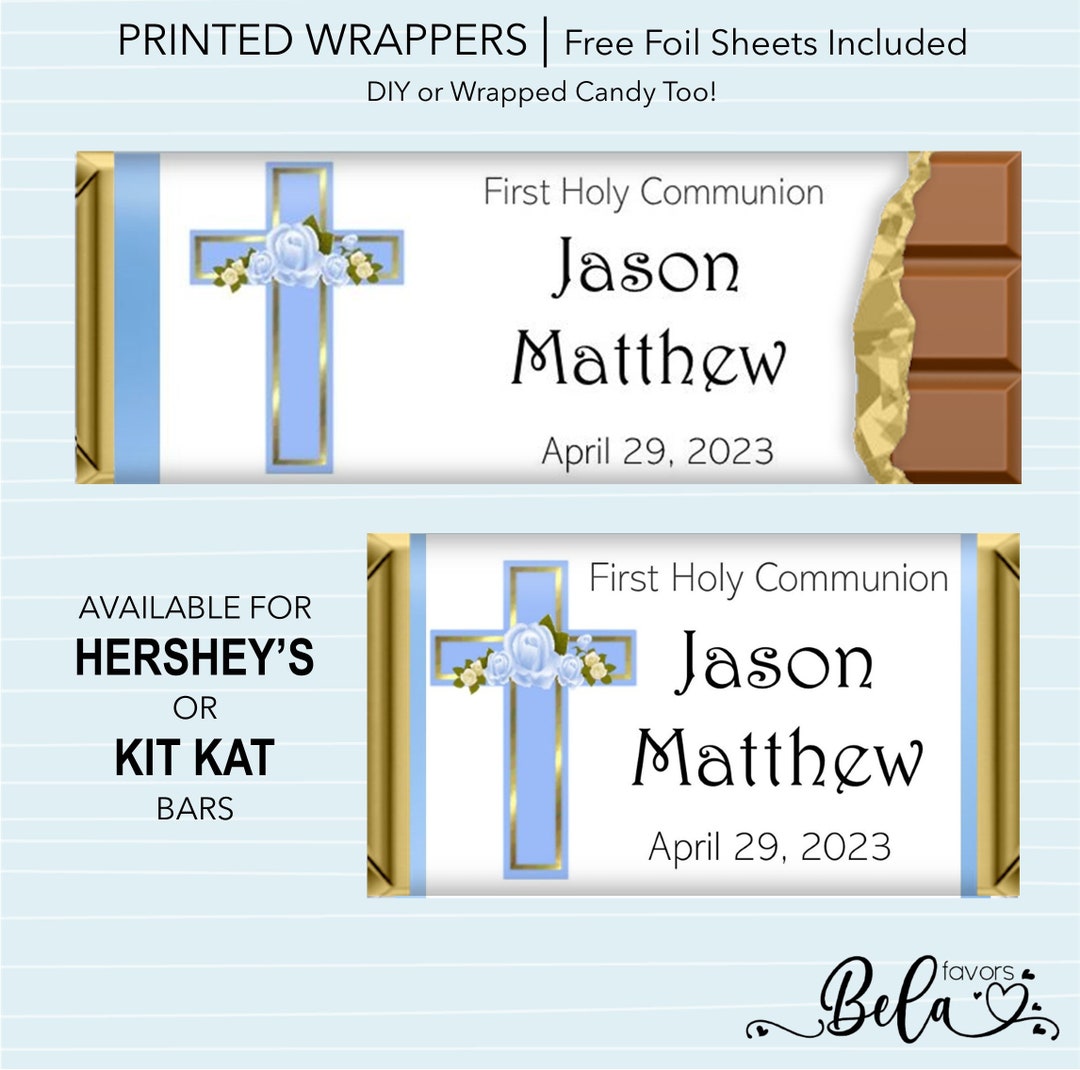 Blue & Gold Cross First Communion Candy Bar Wrappers: Personalized ...