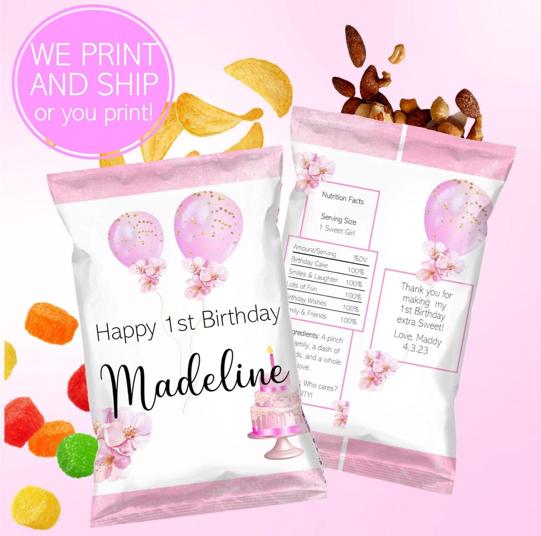 Printed Pink Balloon & Cake Girl's Birthday Party Favor, Custom ...