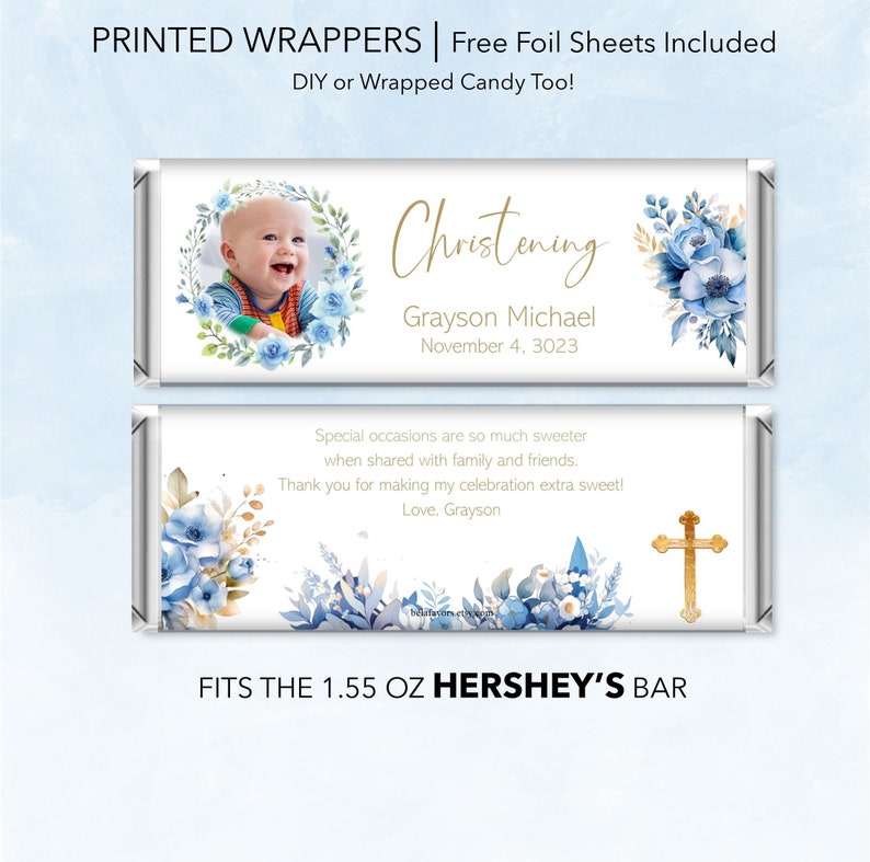 Printed or DIY Candy Wrappers Photo Blue Floral Christening Baptism ...