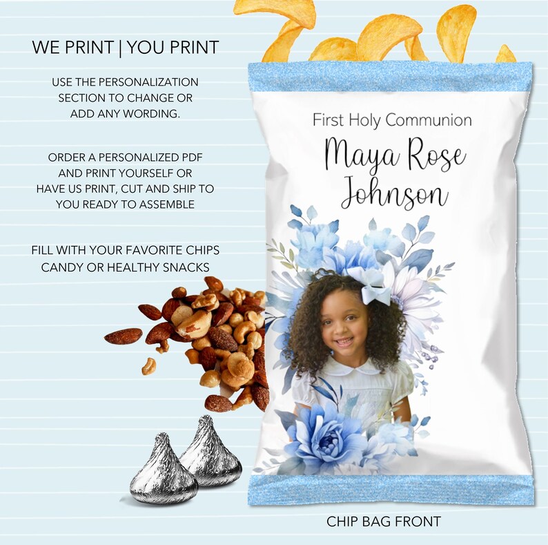 Printed or DIY Girl's First Holy Communion Custom Chip Bags Blue Roses ...