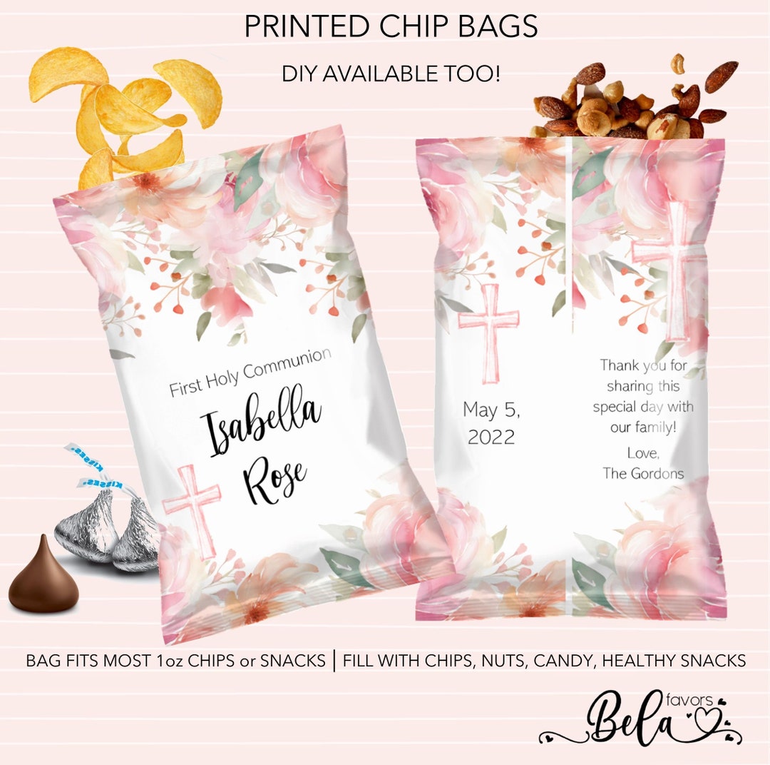 Printed or DIY First Holy Communion Custom Chip Bags Girl's Pink Peach ...