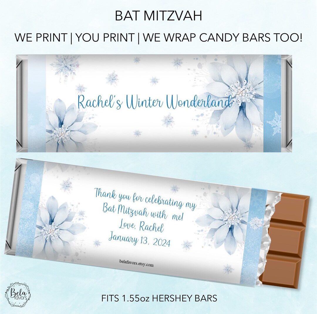 Winter Wonderland Bat Mitzvah Party Favors | Custom Personalized Candy Bar Wrappers | Fits 1.55 ...