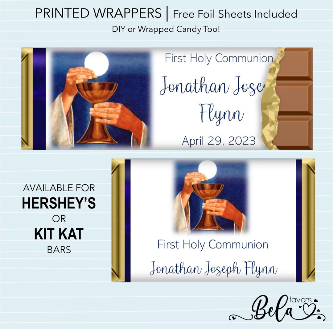 First Communion Candy Wrappers: Blue Chalice and Host Personalized ...