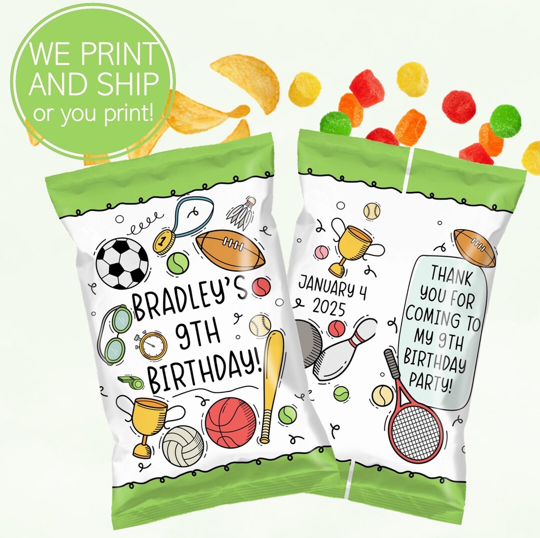 Doodle Sports Party Favor Chip Bag: Personalized Birthday Goody Bag ...