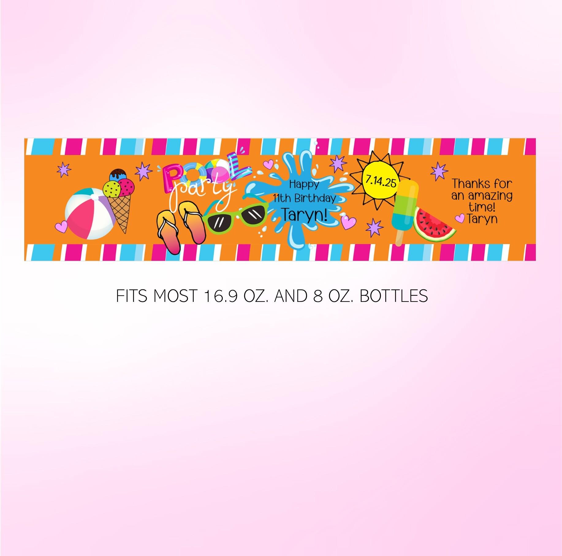 Printed Summer Pool Party Birthday Water Bottle Labels, Any Age Girl's ...