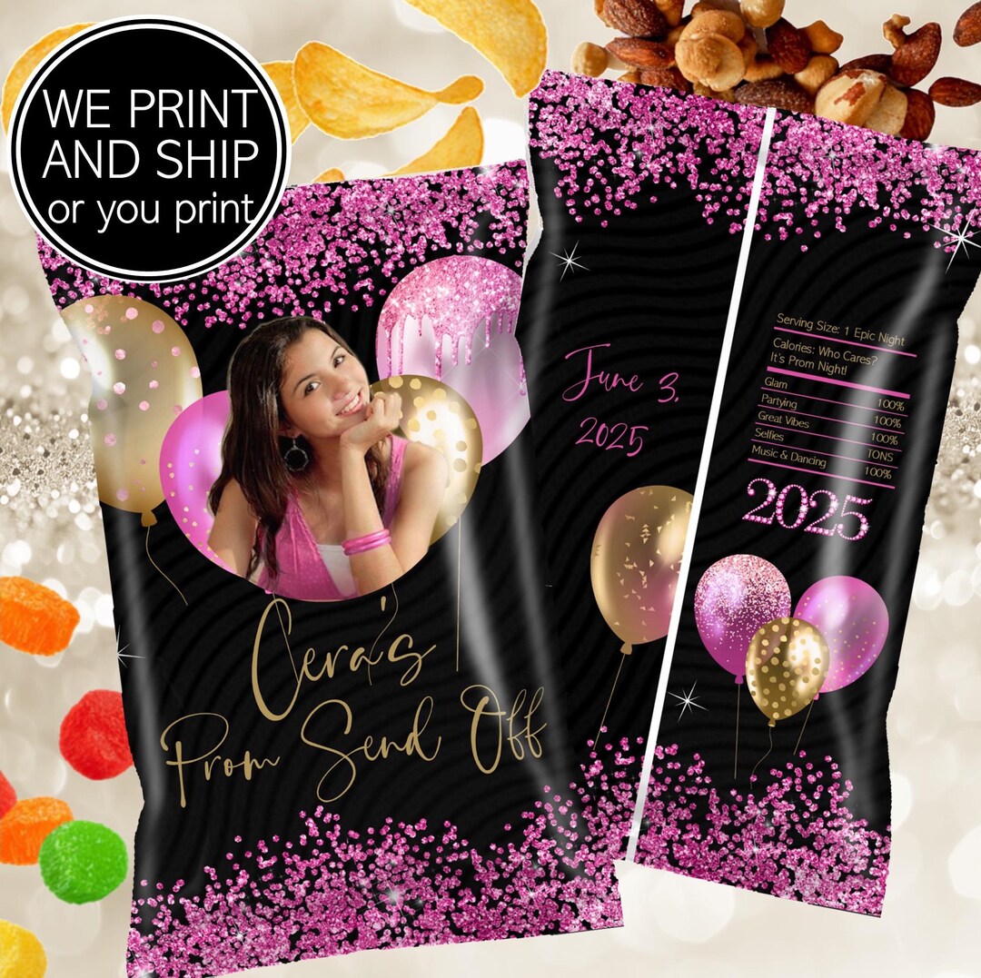 Pink Glitter Prom Send off Chip Bags: Custom Photo Favors (PDF or ...