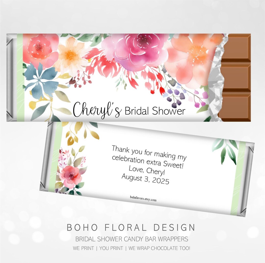 Printed Boho Floral Candy Wrappers, Elegant Affordable Bridal Shower ...