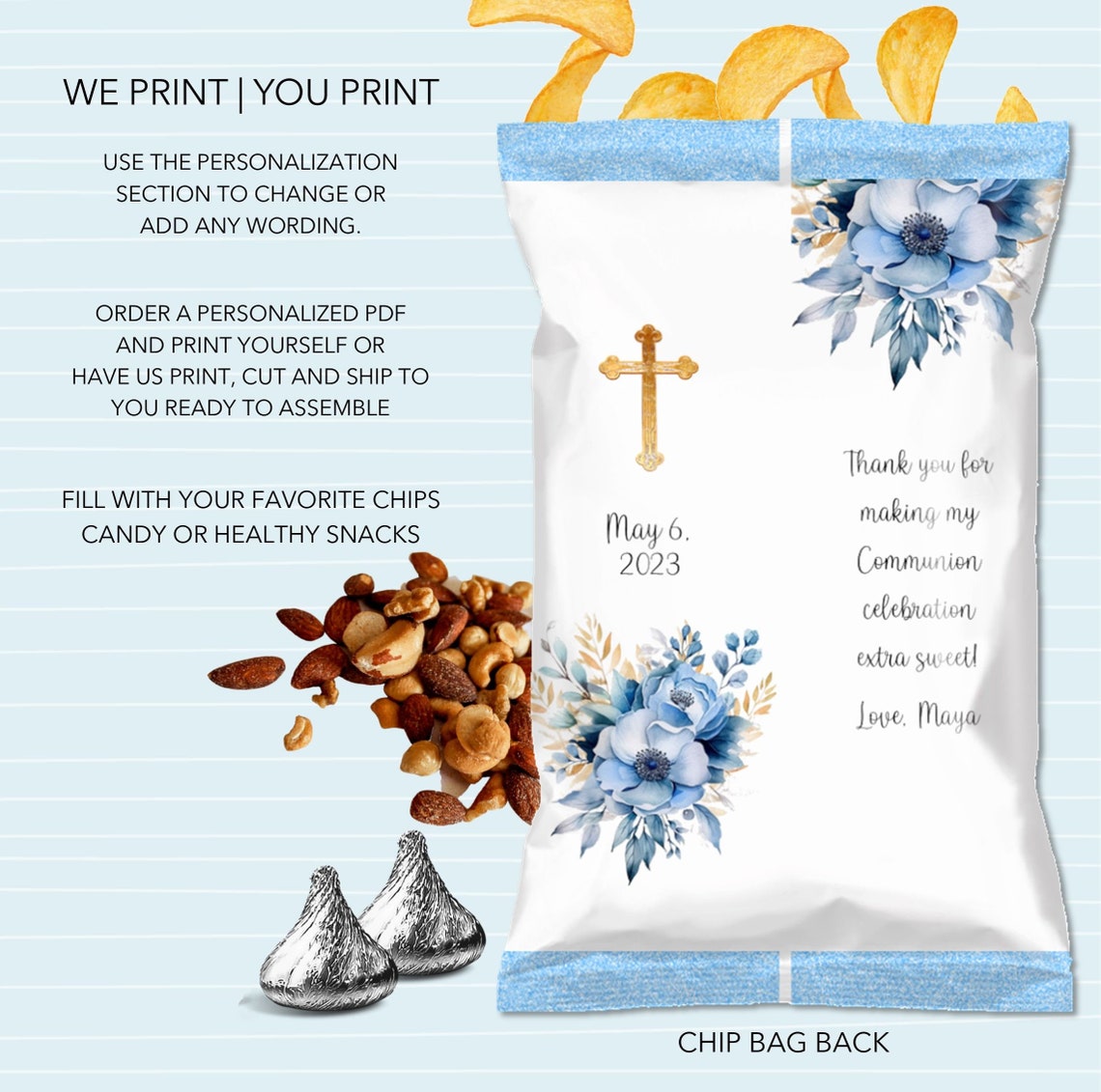 Printed or DIY Girl's First Holy Communion Custom Chip Bags Blue Roses ...